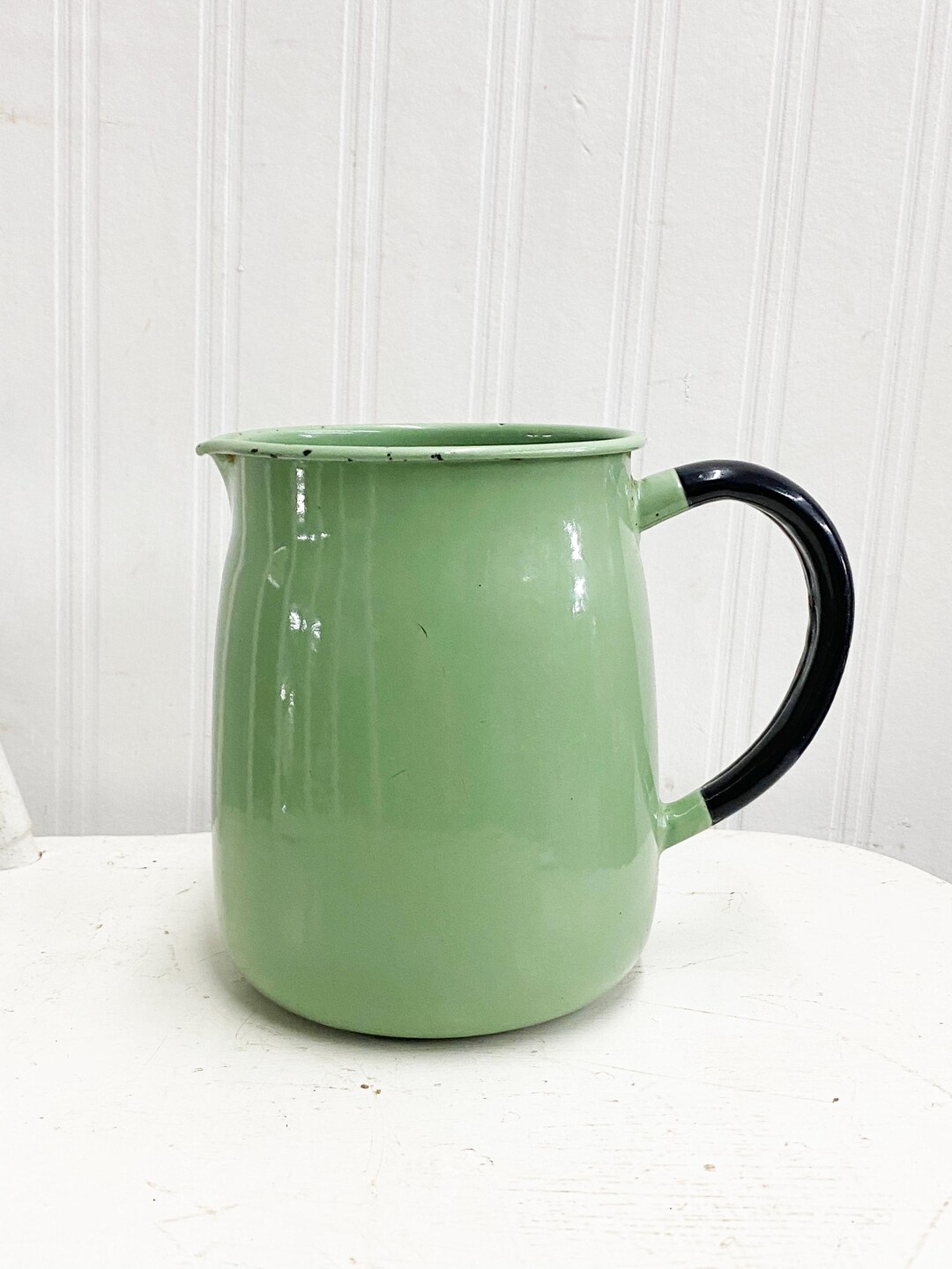 Great Vintage Enamel Pitcher Green With Black Handle Enamelware - Etsy