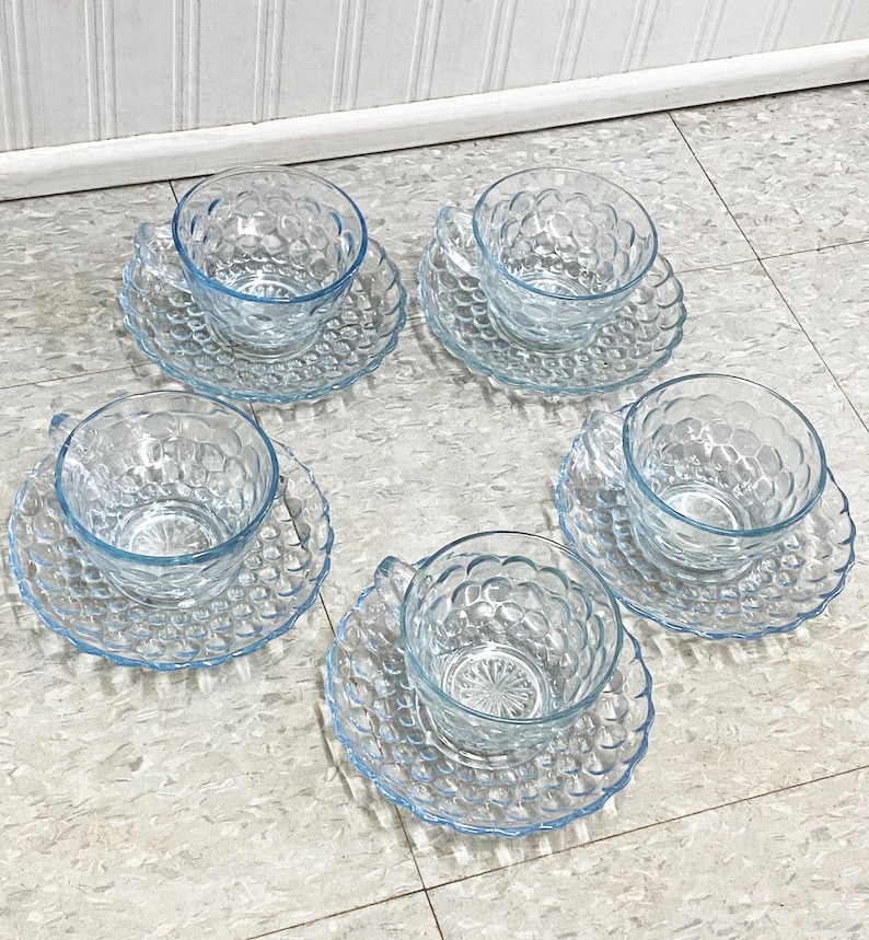 Vintage Blue Bubble Depression Glass Cups and Saucers, Set of 5 - Etsy