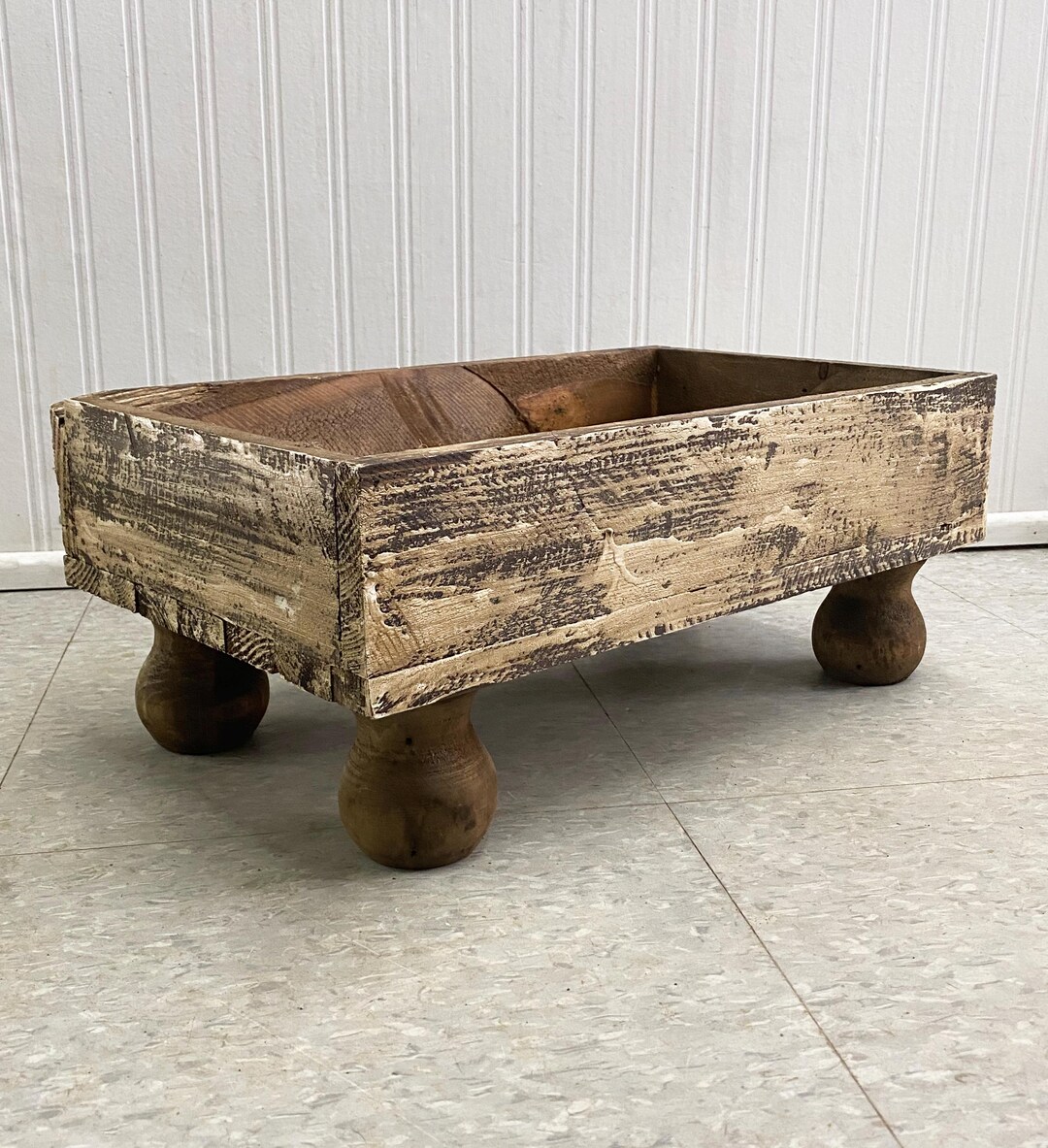 Distressed Farmhouse Wood Footed Display Tray Riser Centrepiece Rustic ...