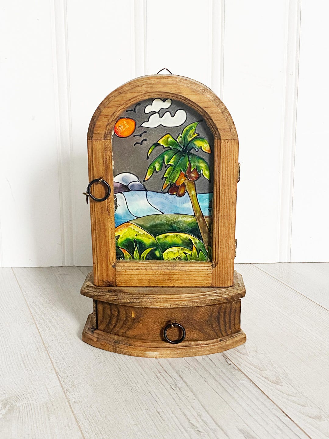 Vintage Key Holder Wooden Box With Hand Painted Glass Door Stained ...