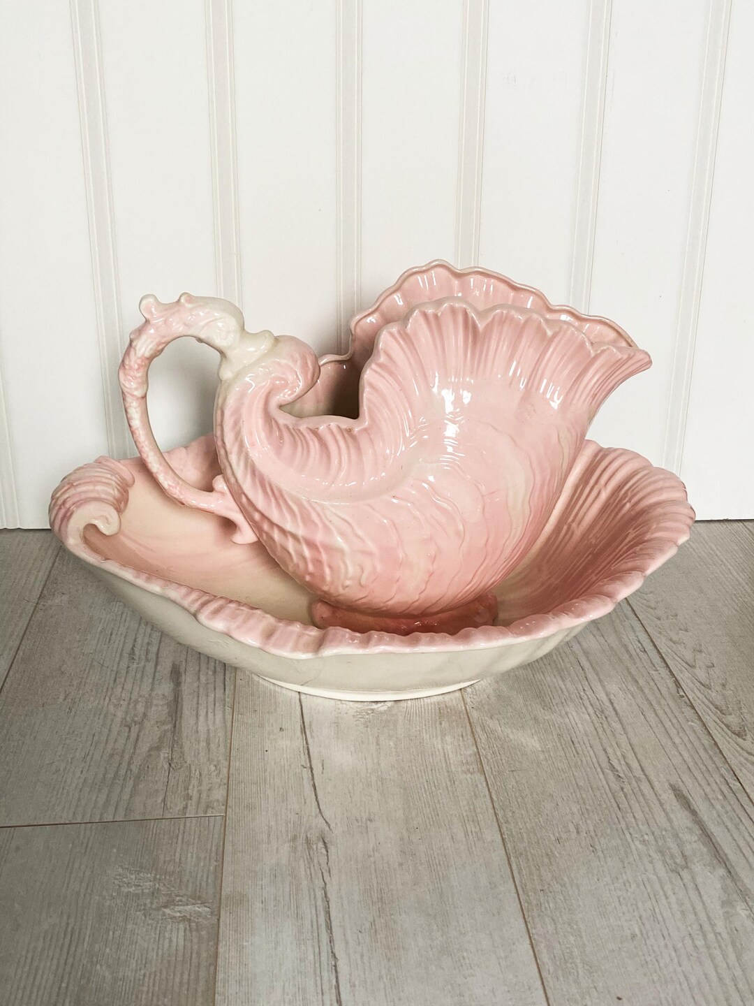 RARE Vintage Nautilus Serpent Large Pink Wash Basin and Pitcher Set ...