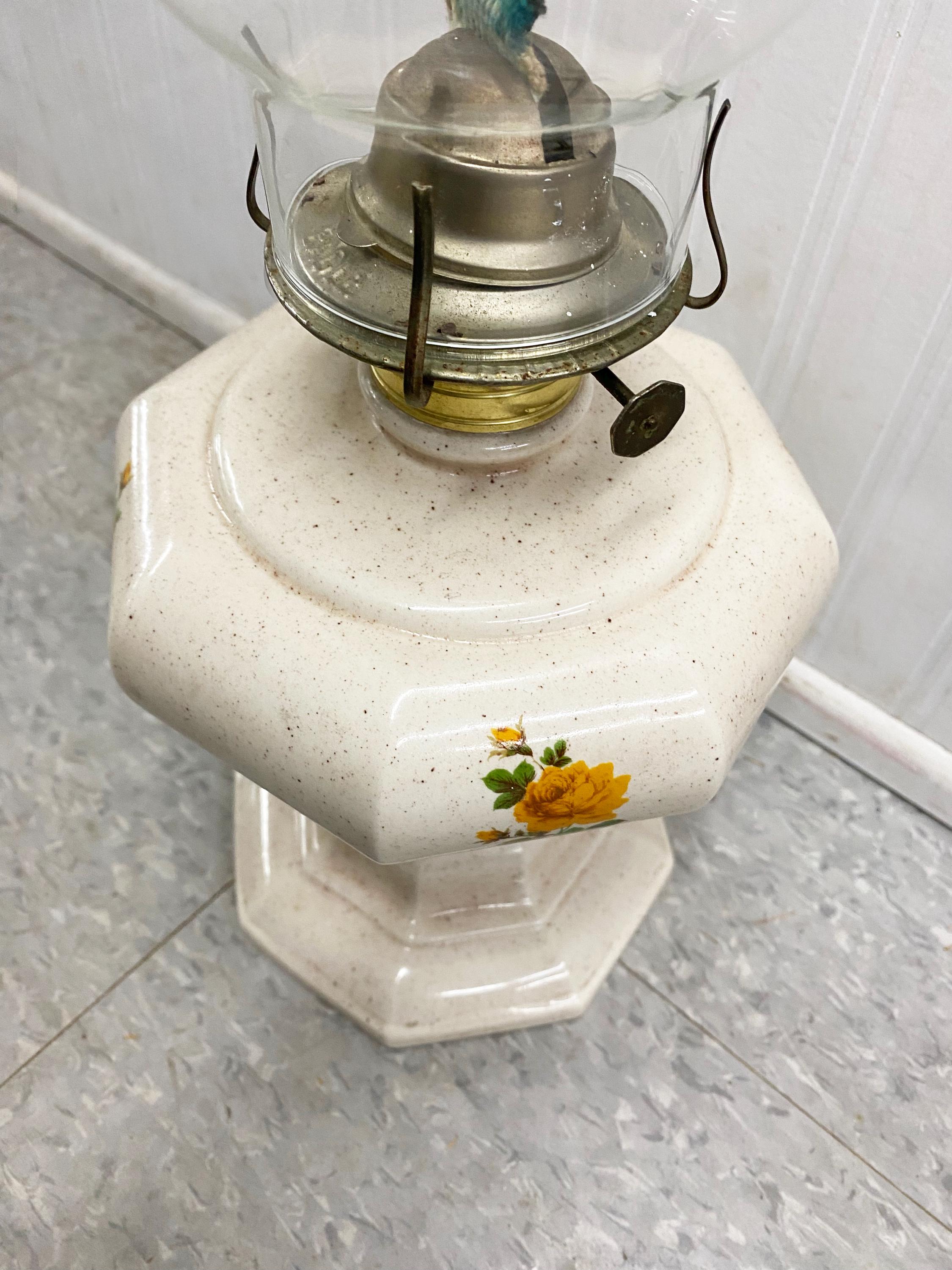 Vintage Ceramic Oil Lamp With Floral Pattern and Rounded Glass - Etsy