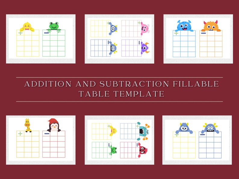 Printable Addition and Subtraction Fillable Table Template, Math, Kids ...