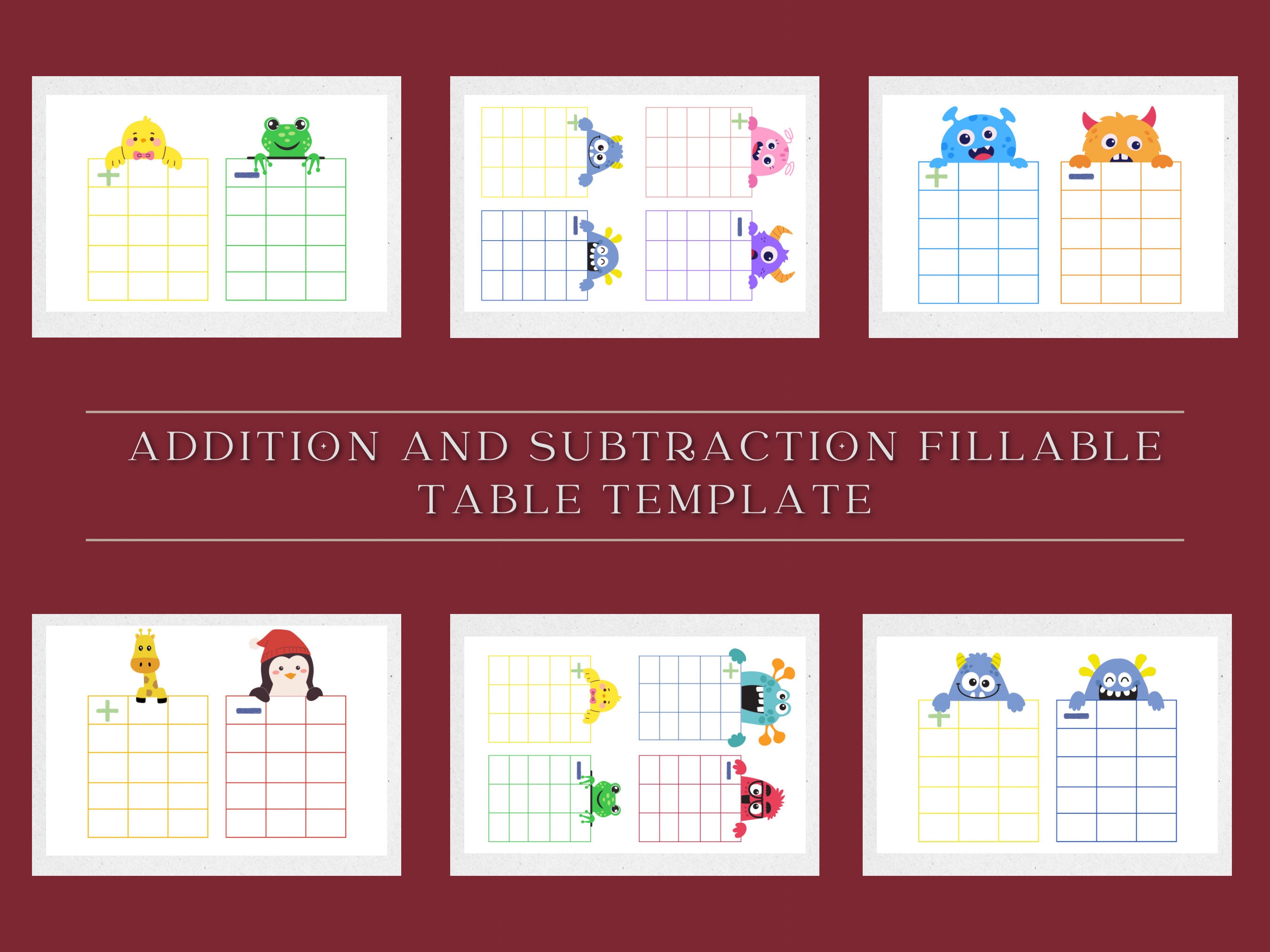 Printable Addition and Subtraction Fillable Table Template, Math, Kids ...