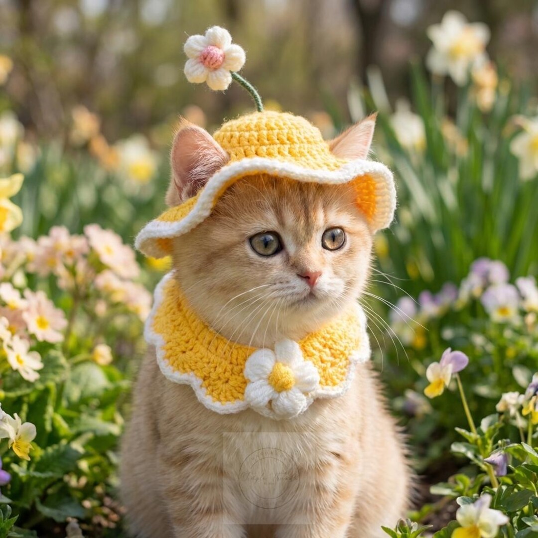 Crochet Cat Hat With Daisy Flower | Cute Yellow Pet Bonnet | Handmade ...