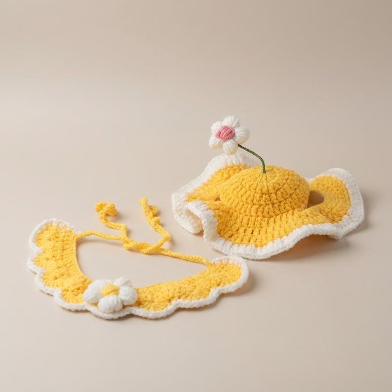 Crochet Cat Hat With Daisy Flower | Cute Yellow Pet Bonnet | Handmade ...