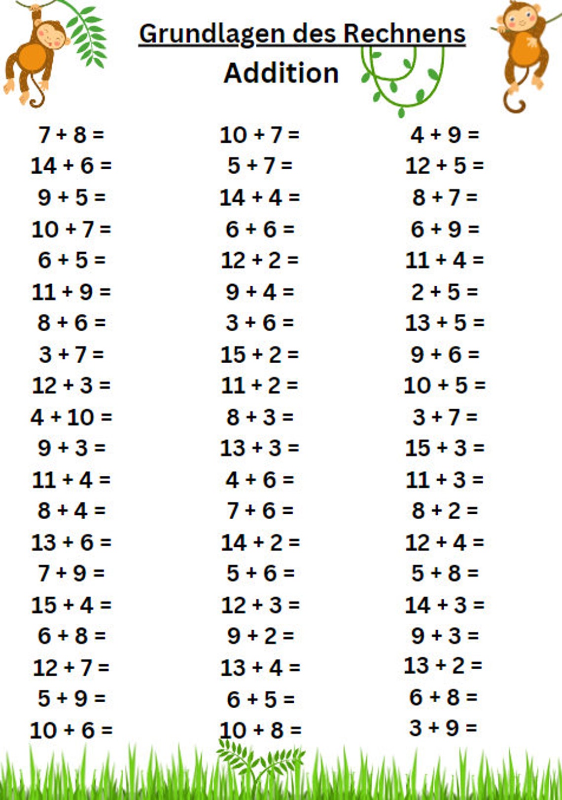 Mathe Übungsaufgaben Mathe Lernmaterial, 8 PDF Seiten Addition und ...