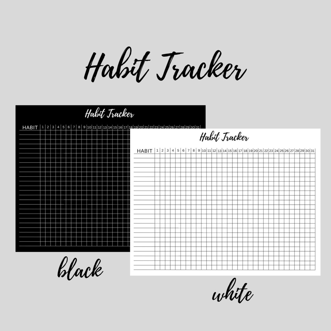 Monthly Habit Tracker Printable Digital Goal Tracker White and Black ...