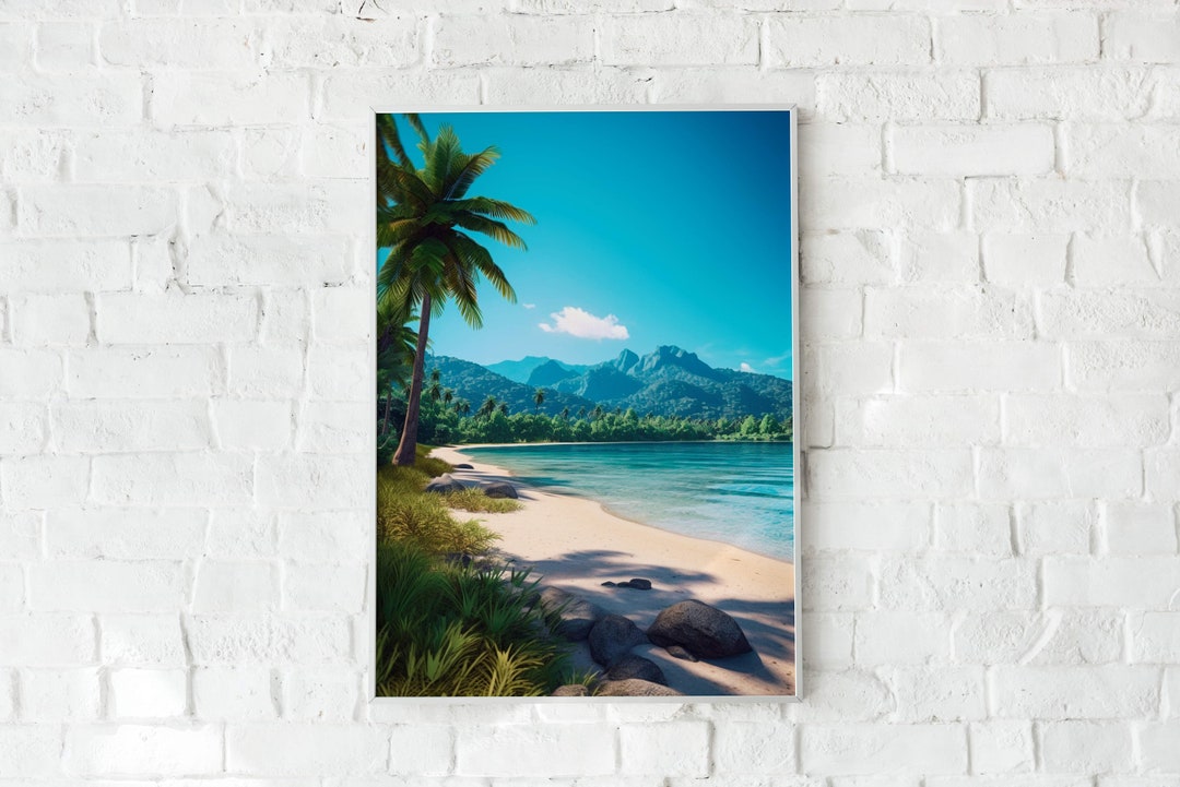Tropical Beach Poster, Beachfront Oasis, Lush Mountainous Rainforest ...