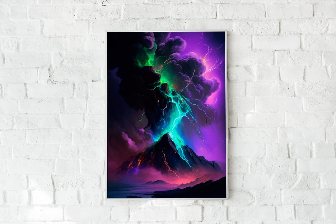 Volcanic Eruption Poster, Mystical Fury, Vibrant Purple Pink Sky ...