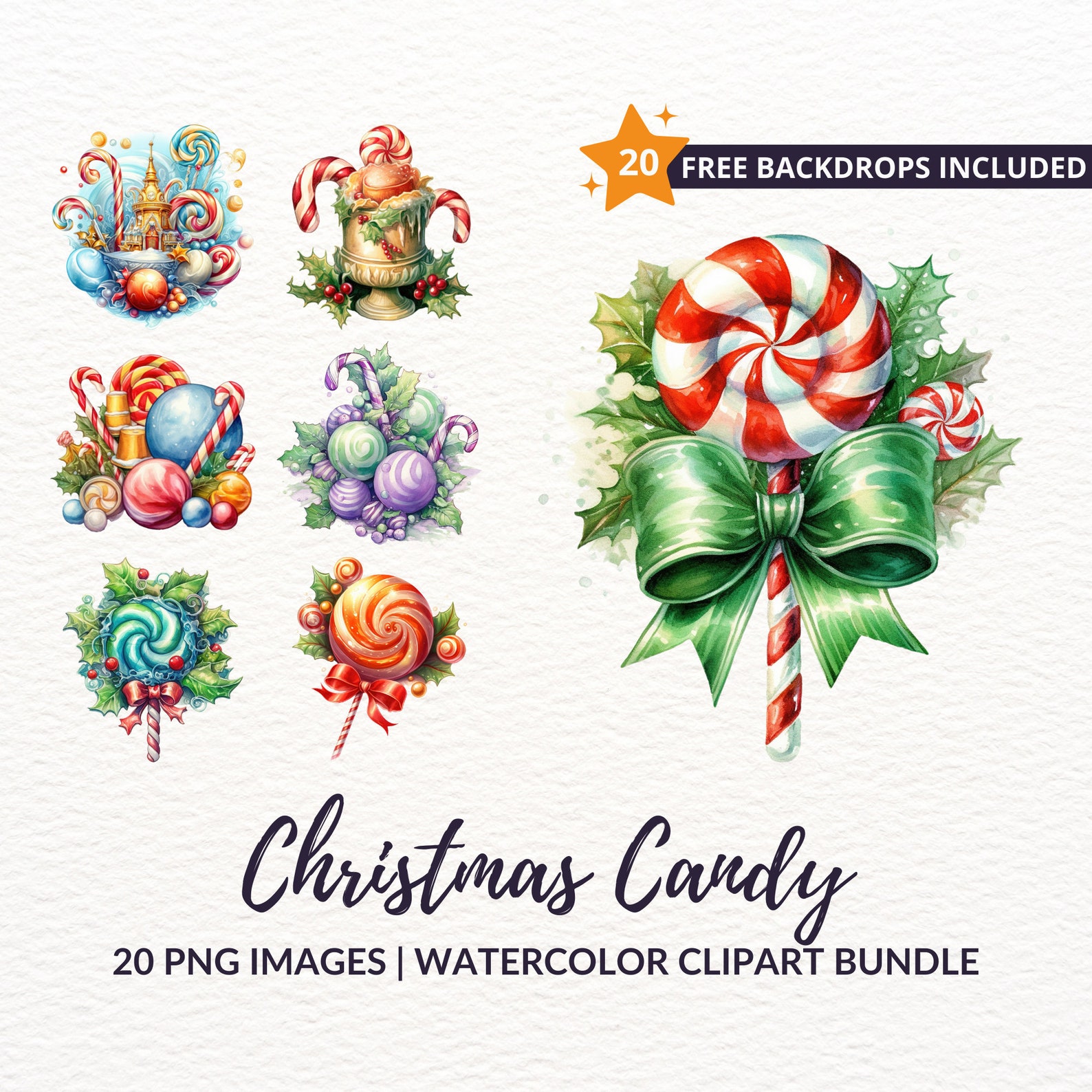 Watercolor Christmas Candy Clipart Bundle - 20 Festive Sweets ...