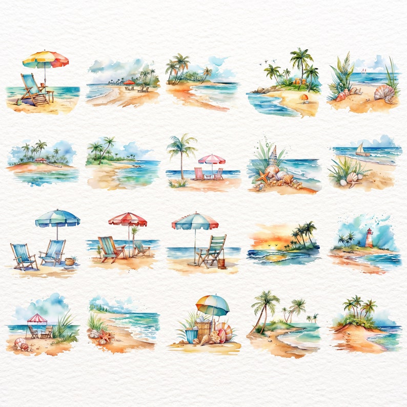 Watercolor Beach Holiday Clipart Bundle 20 Summer Vacation PNG Graphics ...