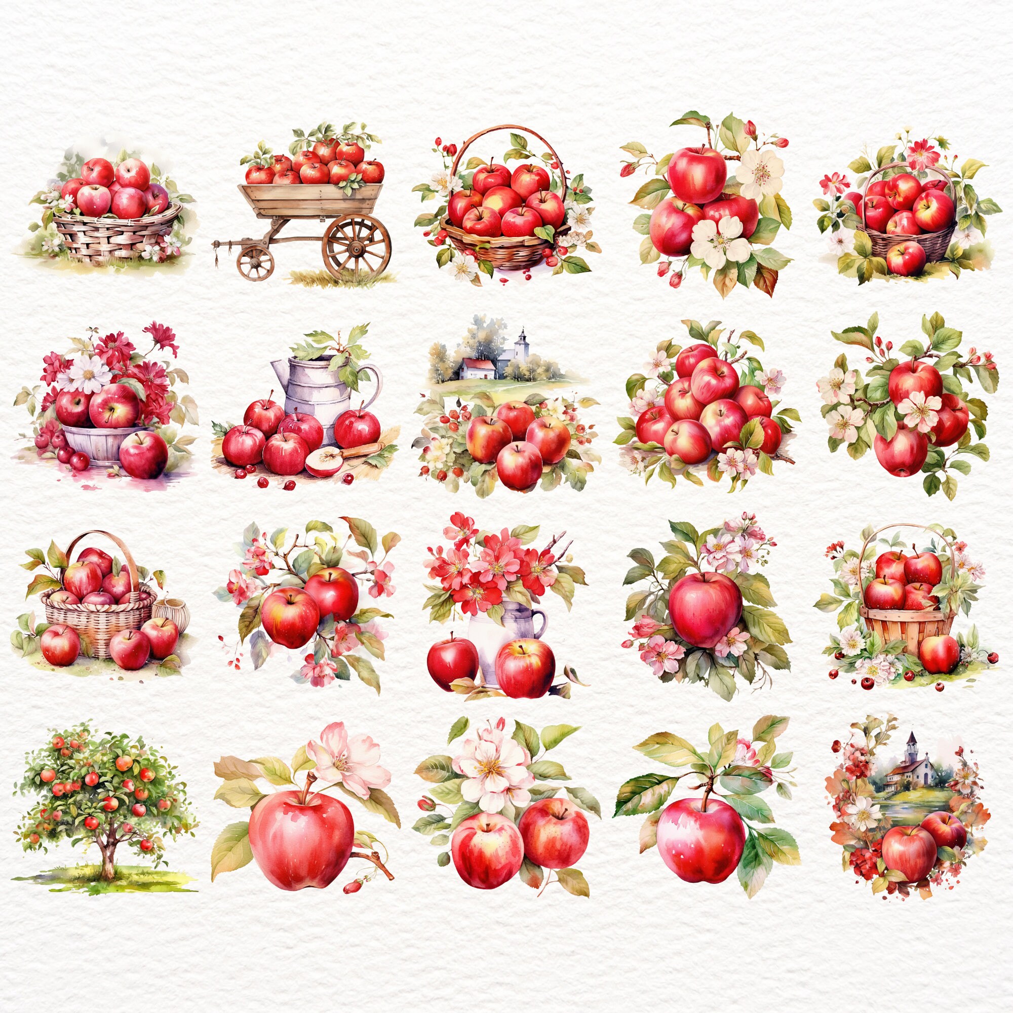 Watercolor Red Apple Clipart Bundle 20 Digital Fruit PNG Illustrations ...
