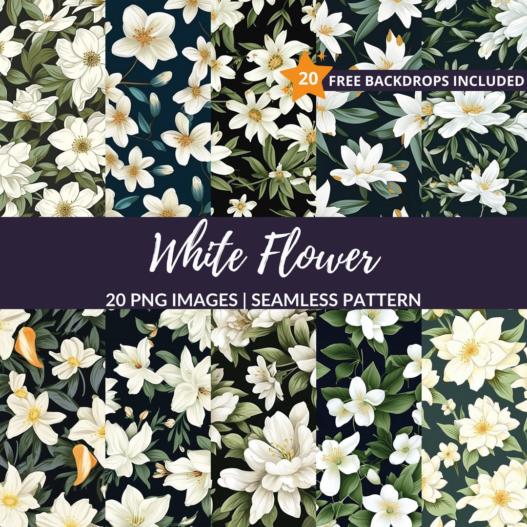 White Flower Seamless Pattern - 20 Watercolor Floral Digital Paper for ...