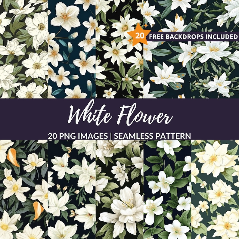 White Flower Seamless Pattern - 20 Watercolor Floral Digital Paper for ...
