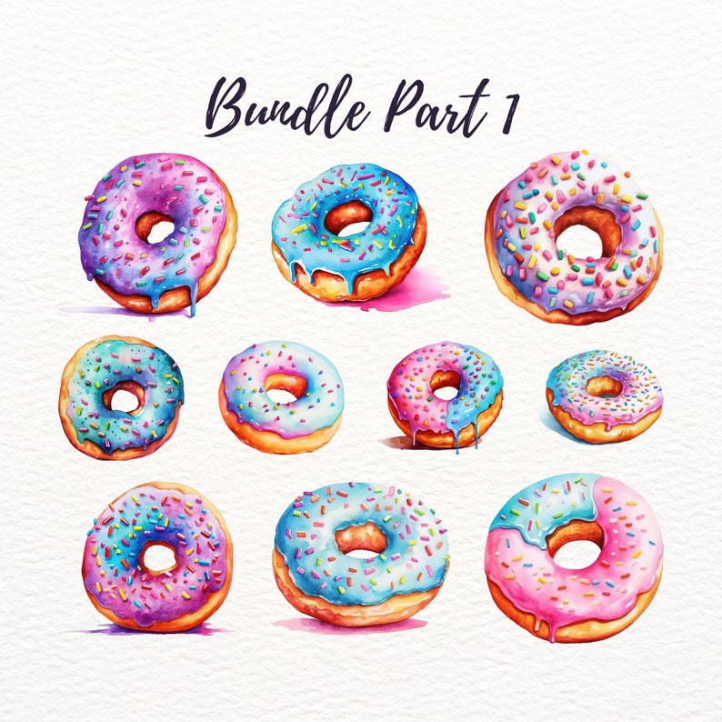 Watercolor Donut Clipart Bundle - 20 Party Dessert PNG Graphics ...