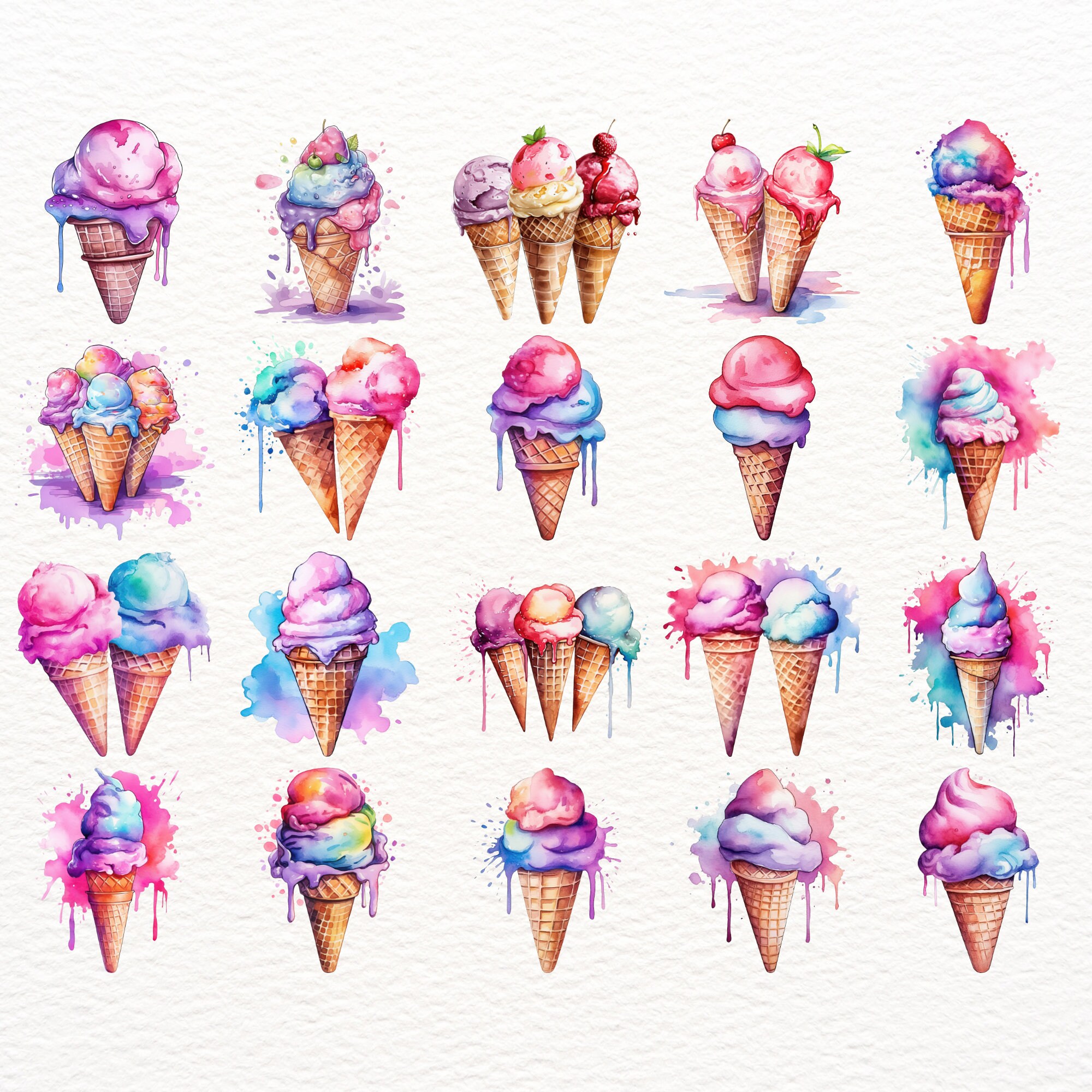 Watercolor Ice Cream Clipart Bundle 20 Summer Dessert PNG Images ...