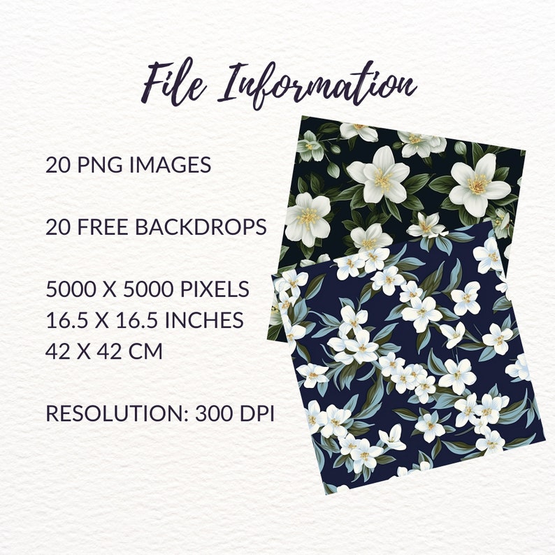 White Flower Seamless Pattern - 20 Watercolor Floral Digital Paper for ...