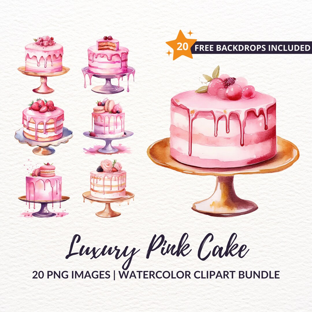 Watercolor Pink Cake Clipart Bundle - 20 Birthday Dessert PNG Graphics ...