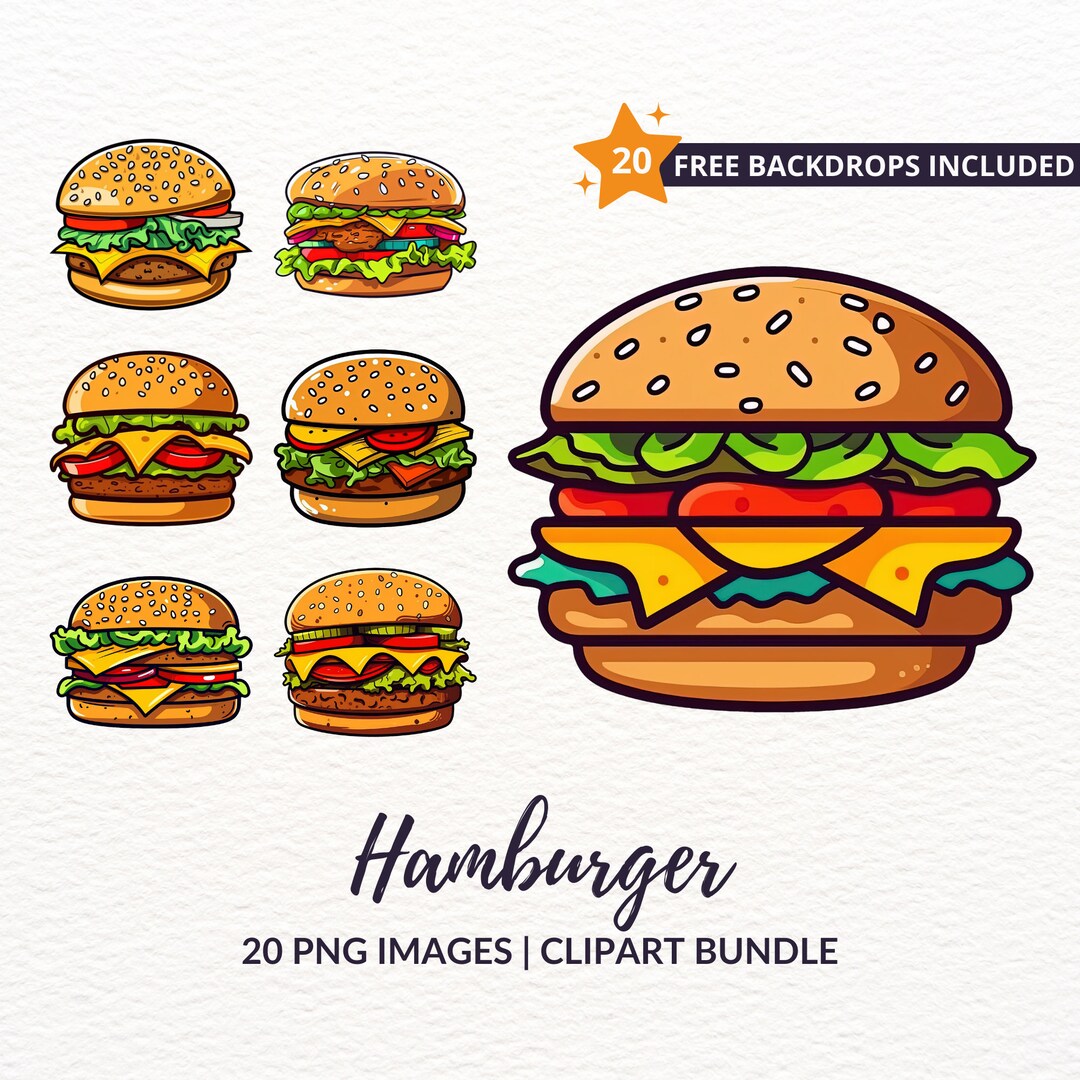 Hamburger Clipart Bundle - 20 Fast Food PNG Images for Digital ...