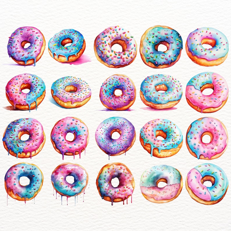 Watercolor Donut Clipart Bundle 20 Party Dessert PNG Graphics, Instant ...