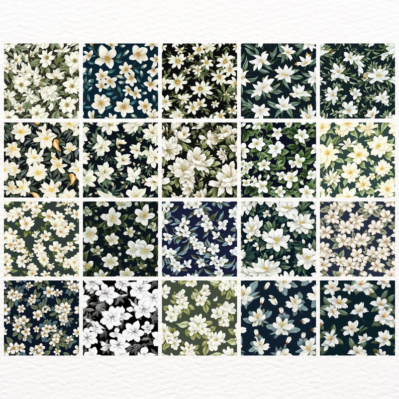White Flower Seamless Pattern - 20 Watercolor Floral Digital Paper for ...