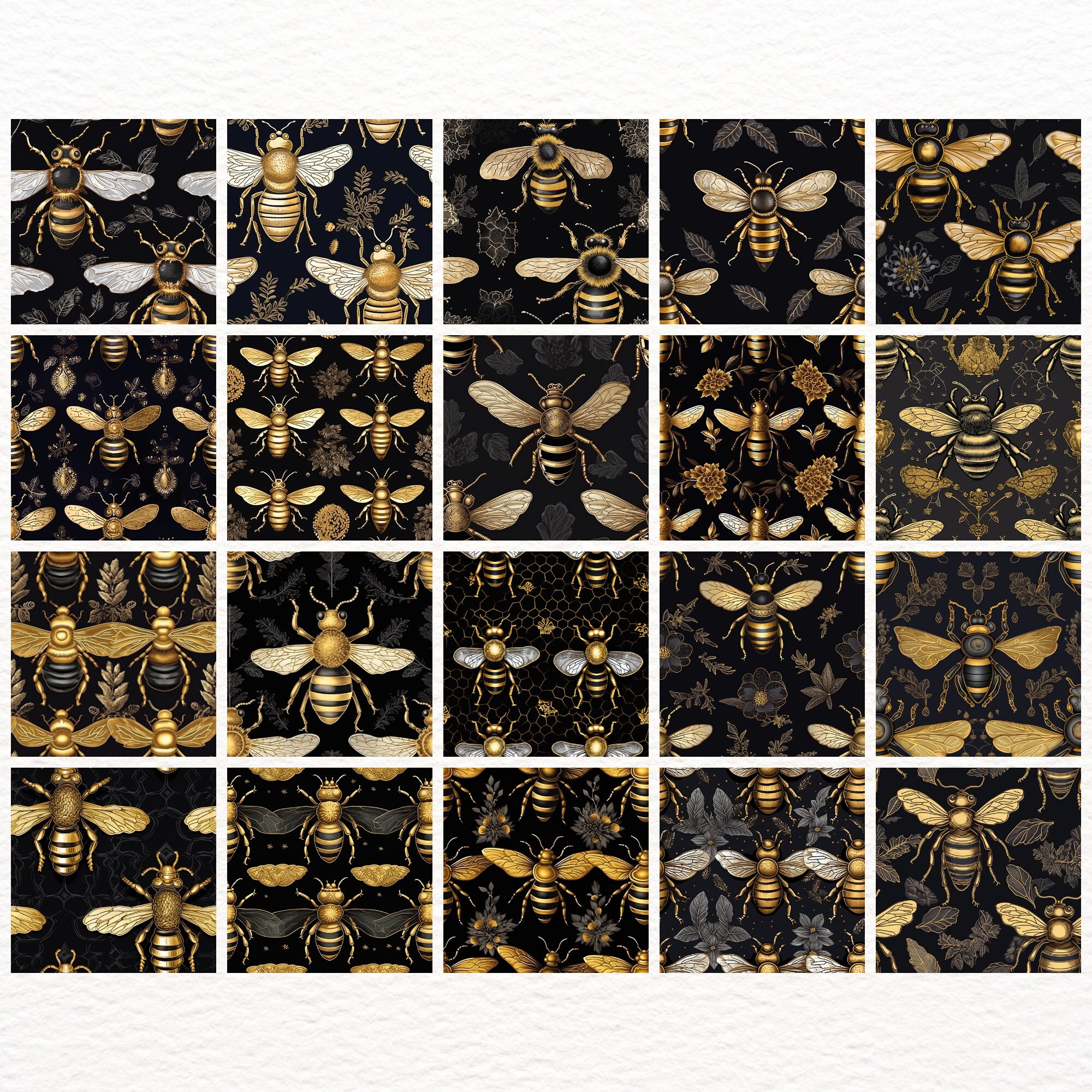Black & Gold Bee Seamless Pattern - 20 Digital Paper for Scrapbooking ...