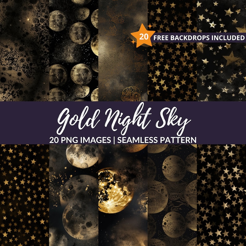 Gold Night Sky Seamless Pattern - 20 Celestial Digital Paper, Instant ...