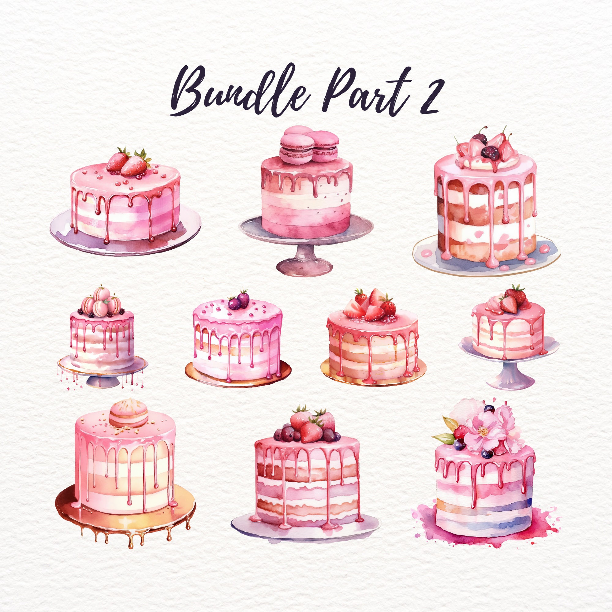 Watercolor Pink Cake Clipart Bundle - 20 Birthday Dessert PNG Graphics ...