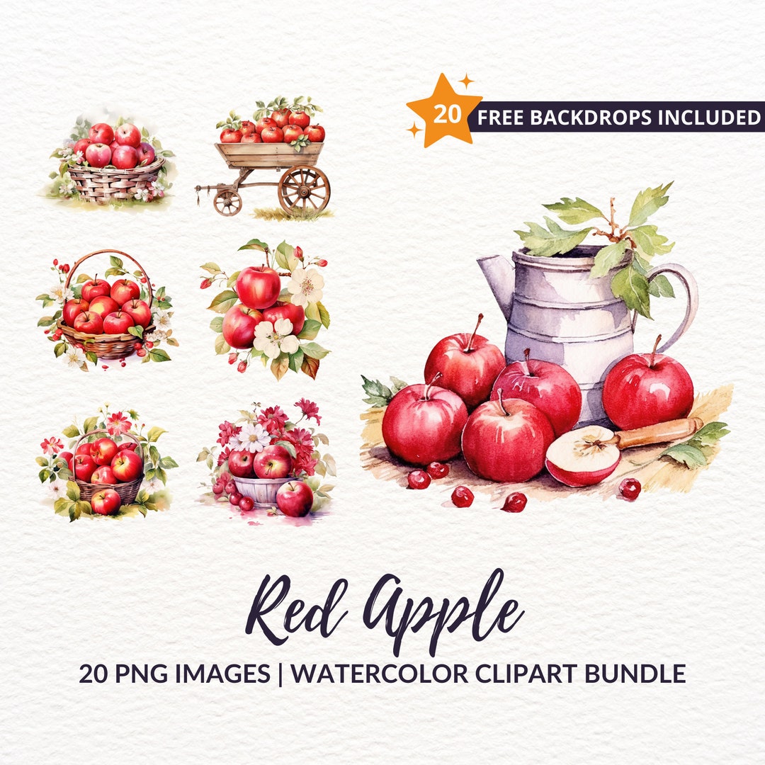 Watercolor Red Apple Clipart Bundle - 20 Digital Fruit PNG ...