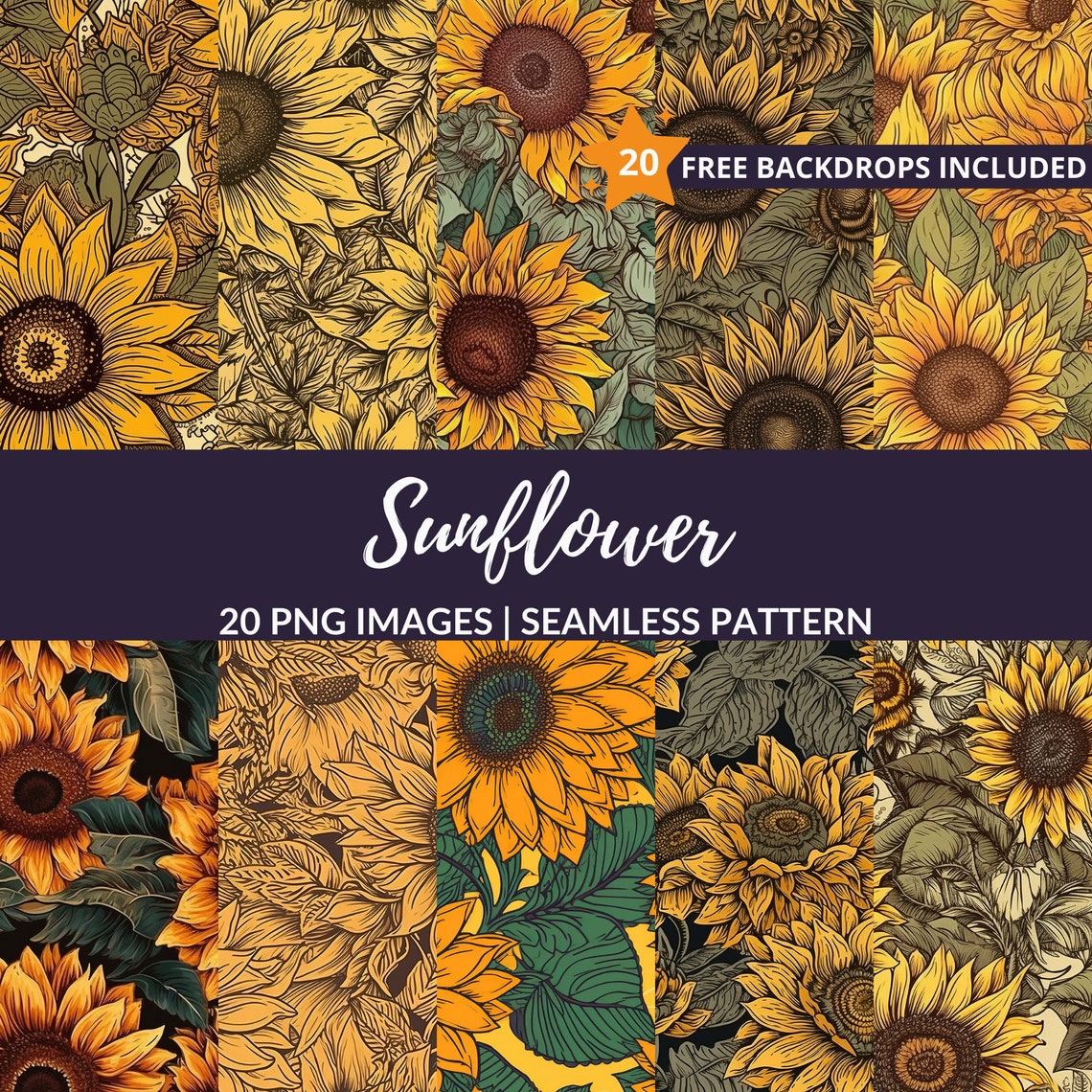 Sunflower Seamless Pattern 20 PNG Printable Paper Backgrounds, Instant ...