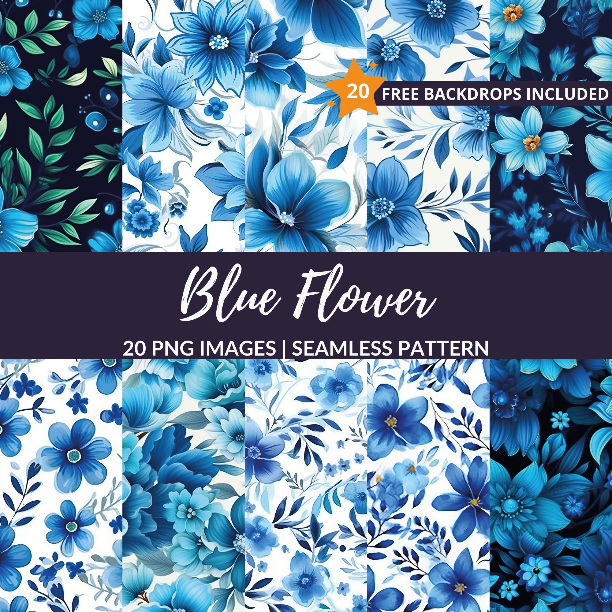 Blue Flower Seamless Pattern 20 Digital Flower Wedding Backgrounds for ...