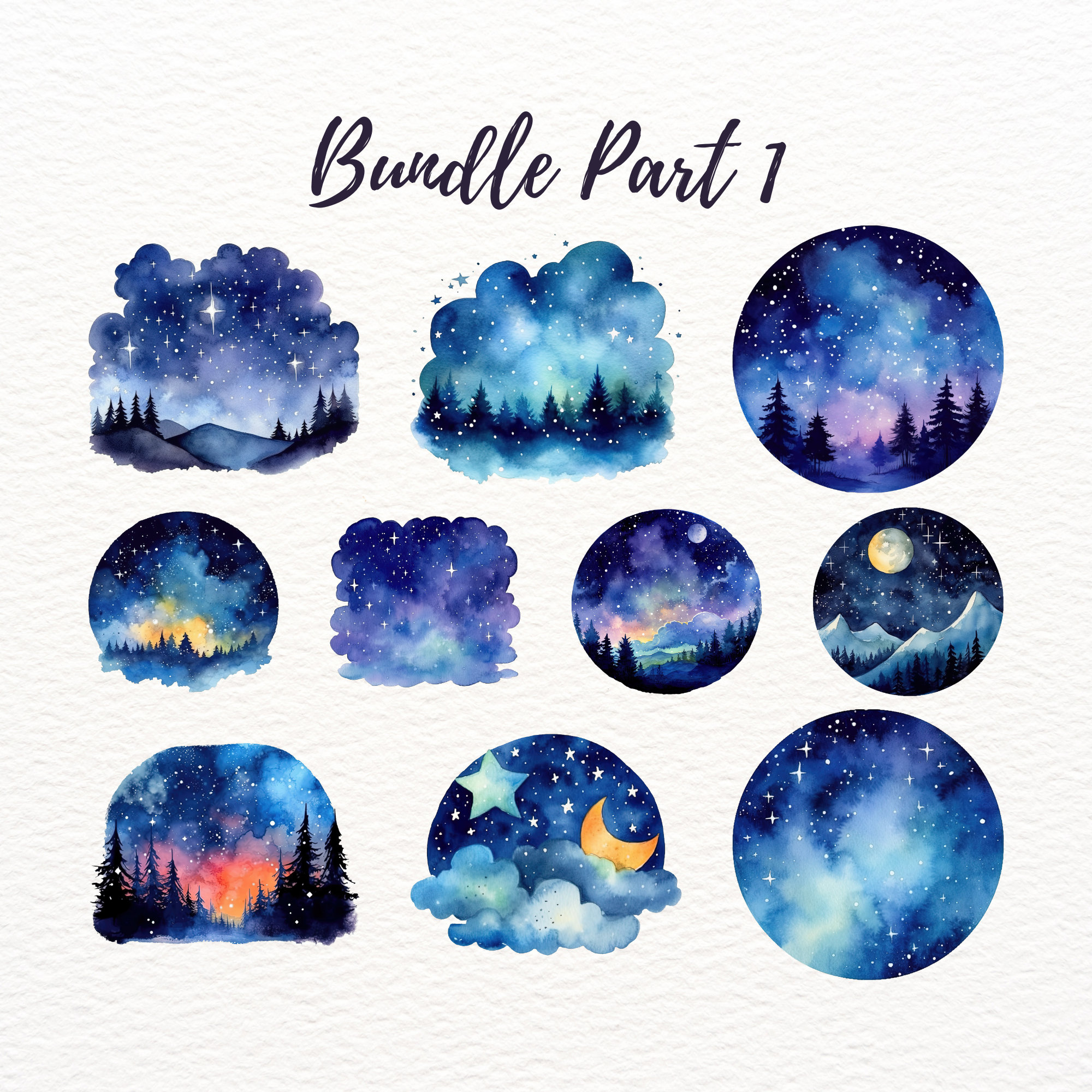 Watercolor Starry Night Sky Clipart Bundle - 20 Celestial and Mystical ...