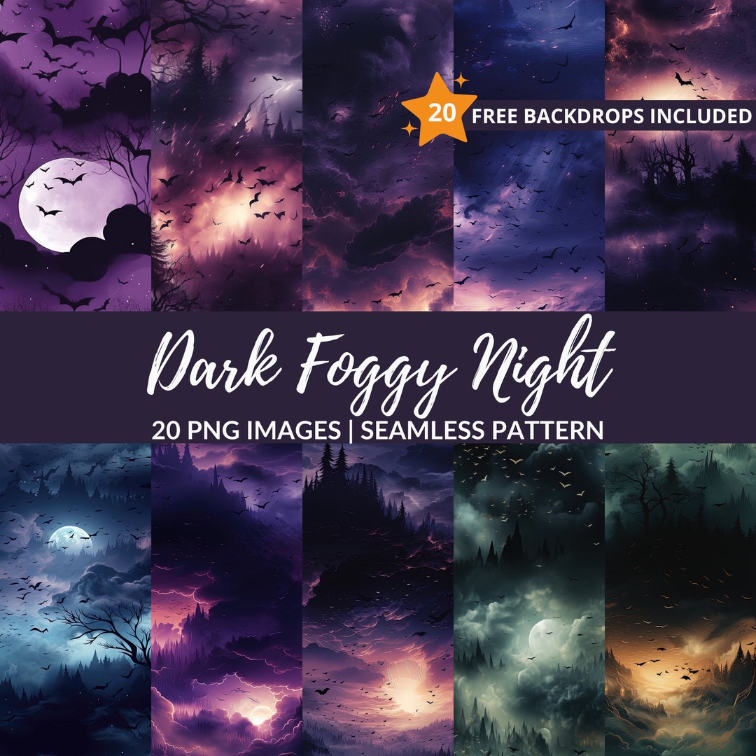 Dark Foggy Night Seamless Pattern - 20 Spooky Halloween Digital Paper ...
