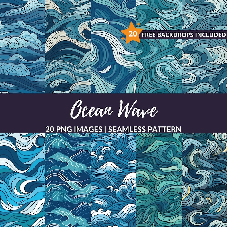 Ocean Wave Seamless Pattern - 20 Digital Scrapbook Paper, Instant ...