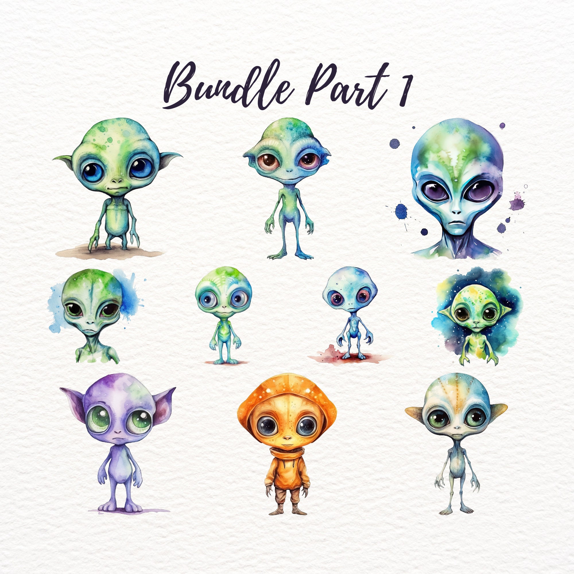 Watercolor Alien Clipart Bundle 20 Cute Extraterrestrial Friends ...