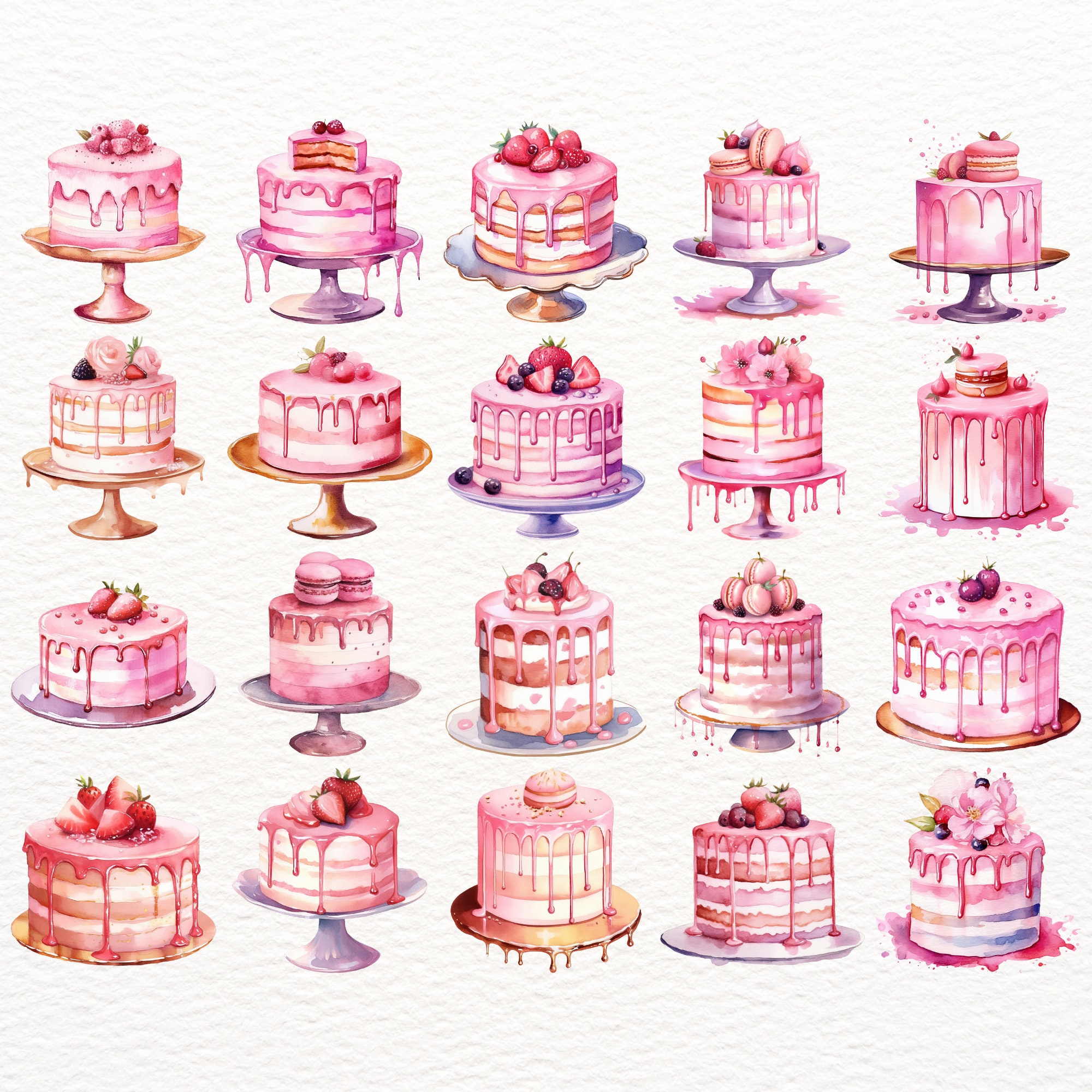 Watercolor Pink Cake Clipart Bundle - 20 Birthday Dessert PNG Graphics ...
