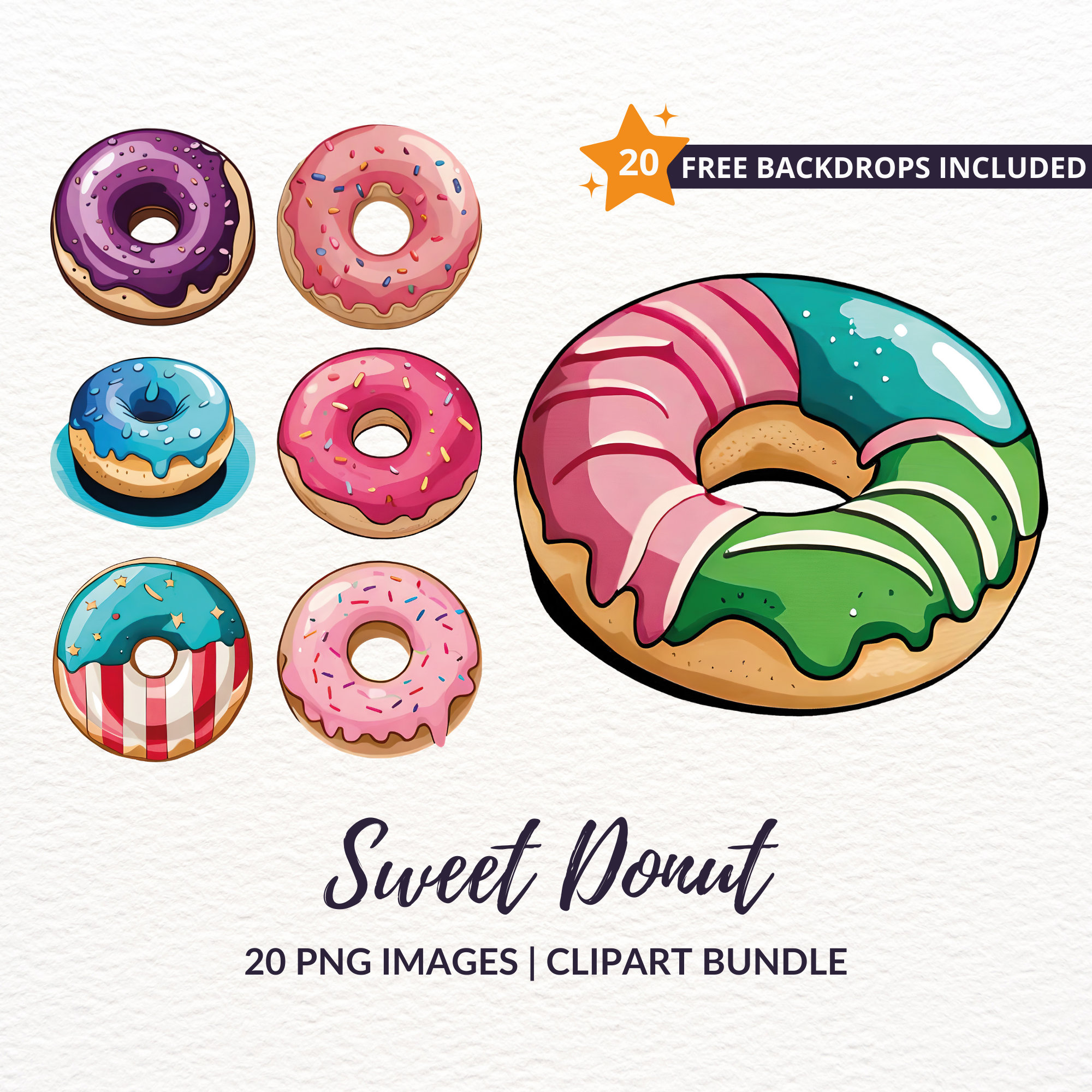 Sweet Donut Clipart Bundle - 20 Delicious Doughnut PNG Images, Instant ...