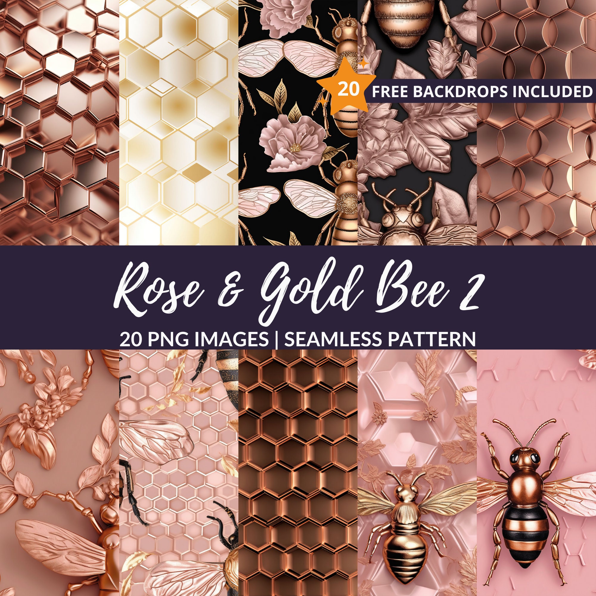 Rose & Gold Bee Seamless Pattern 20 PNG Sublimation Digital Prints ...