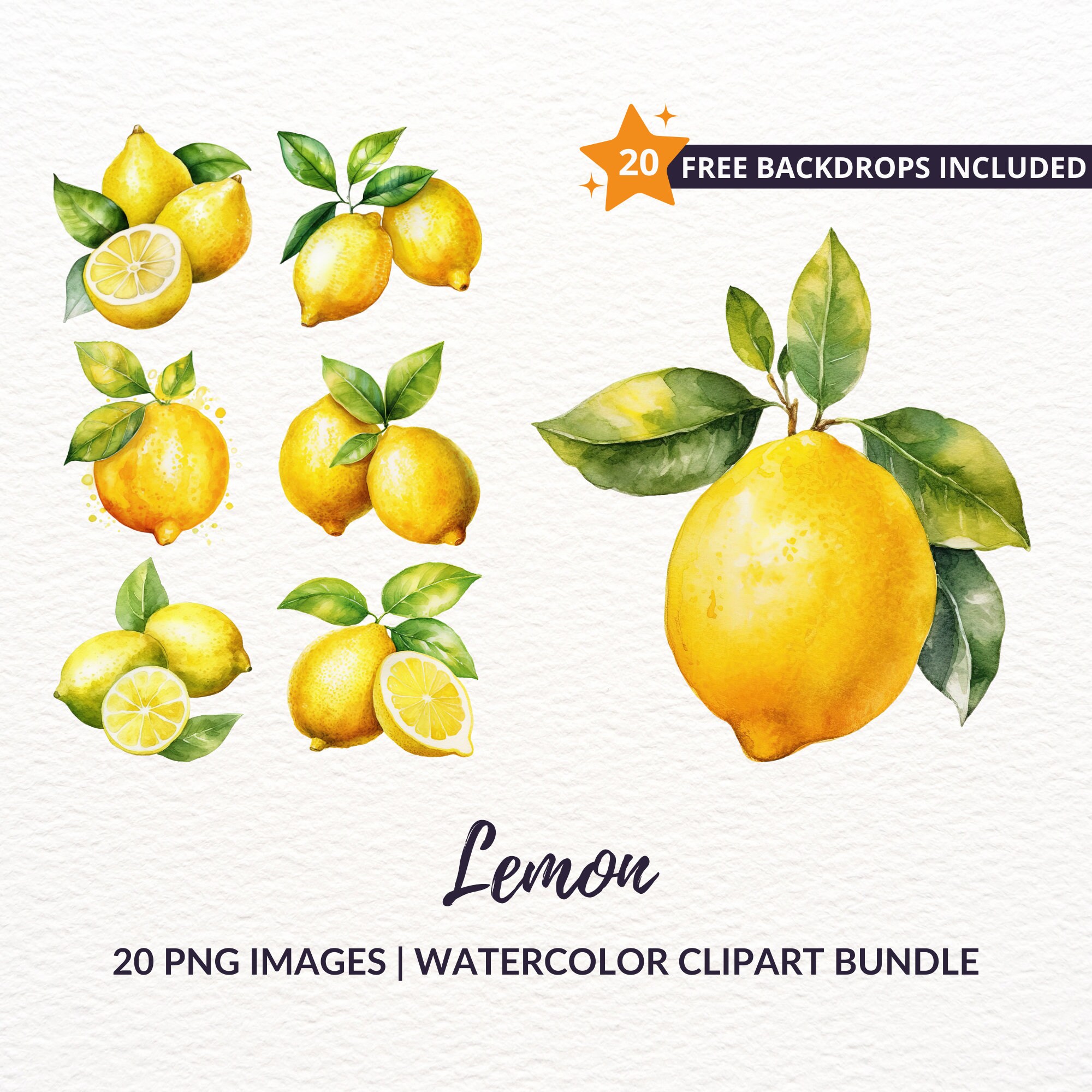 Watercolor Lemon Clipart Bundle - 20 Citrus Fruit PNG Graphics, Instant ...
