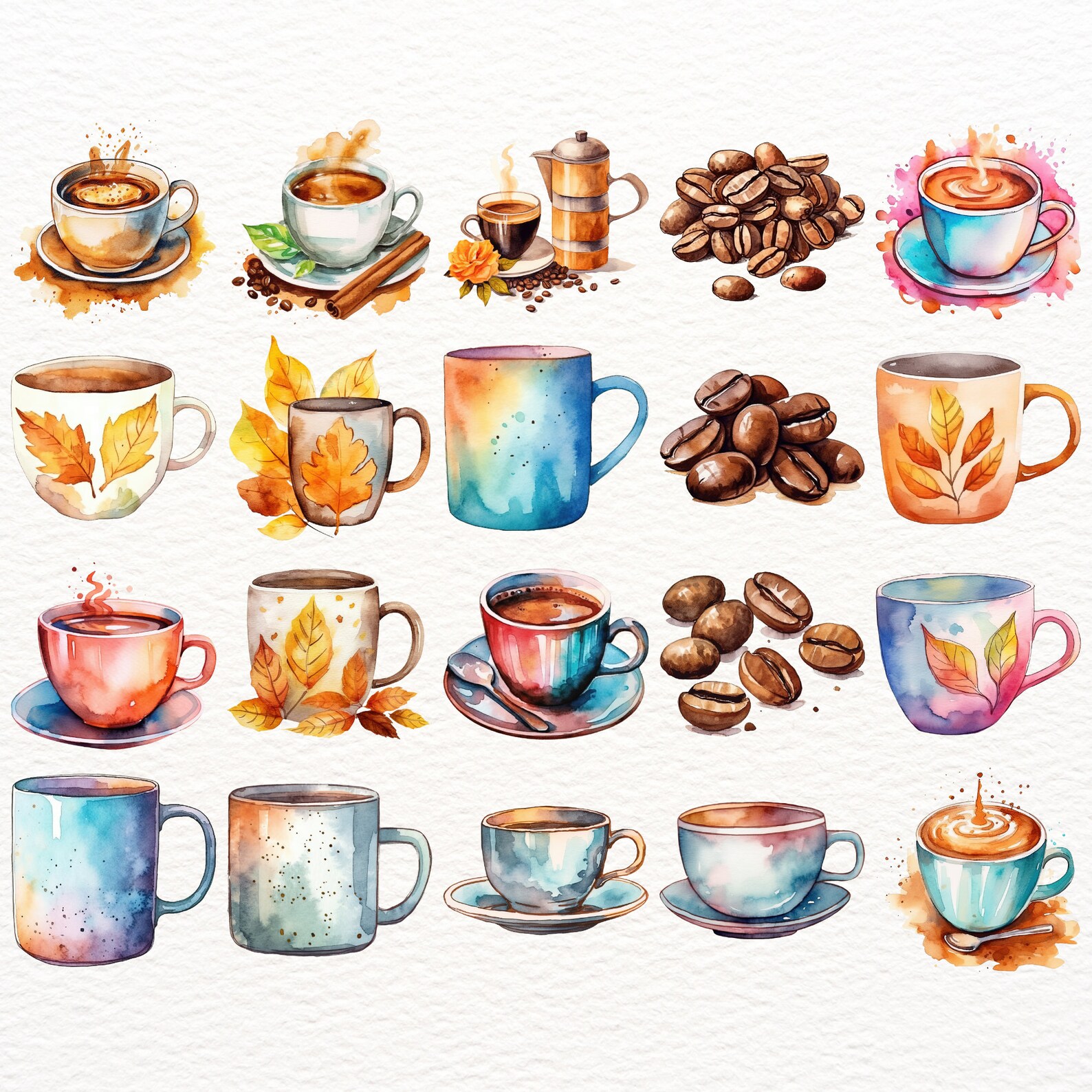 Watercolor Coffee Cup Clipart Bundle 20 Coffee Mug & Espresso PNG ...