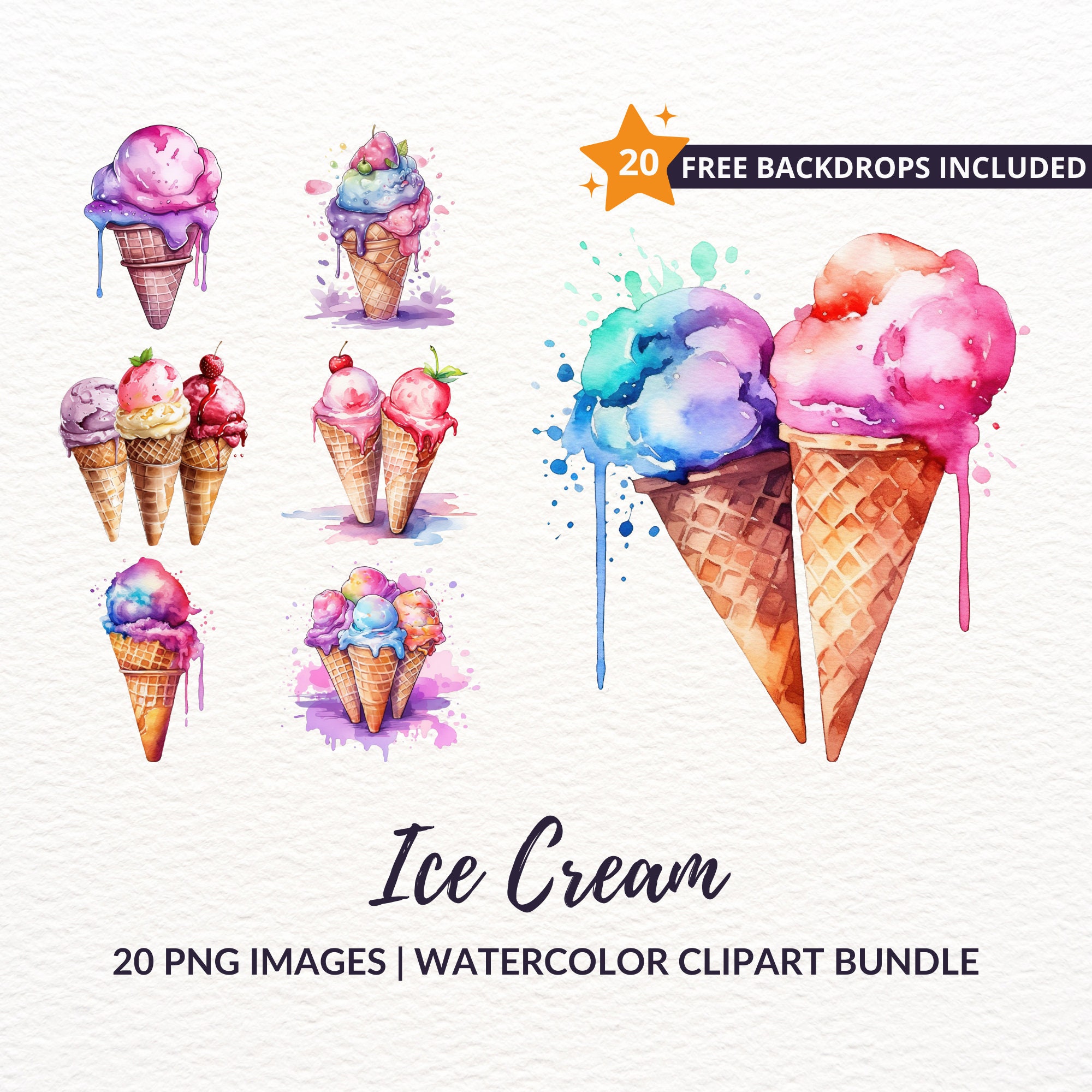 Watercolor Ice Cream Clipart Bundle 20 Summer Dessert PNG Images ...
