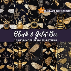 Black & Gold Bee Seamless Pattern - 20 Digital Paper for Scrapbooking ...