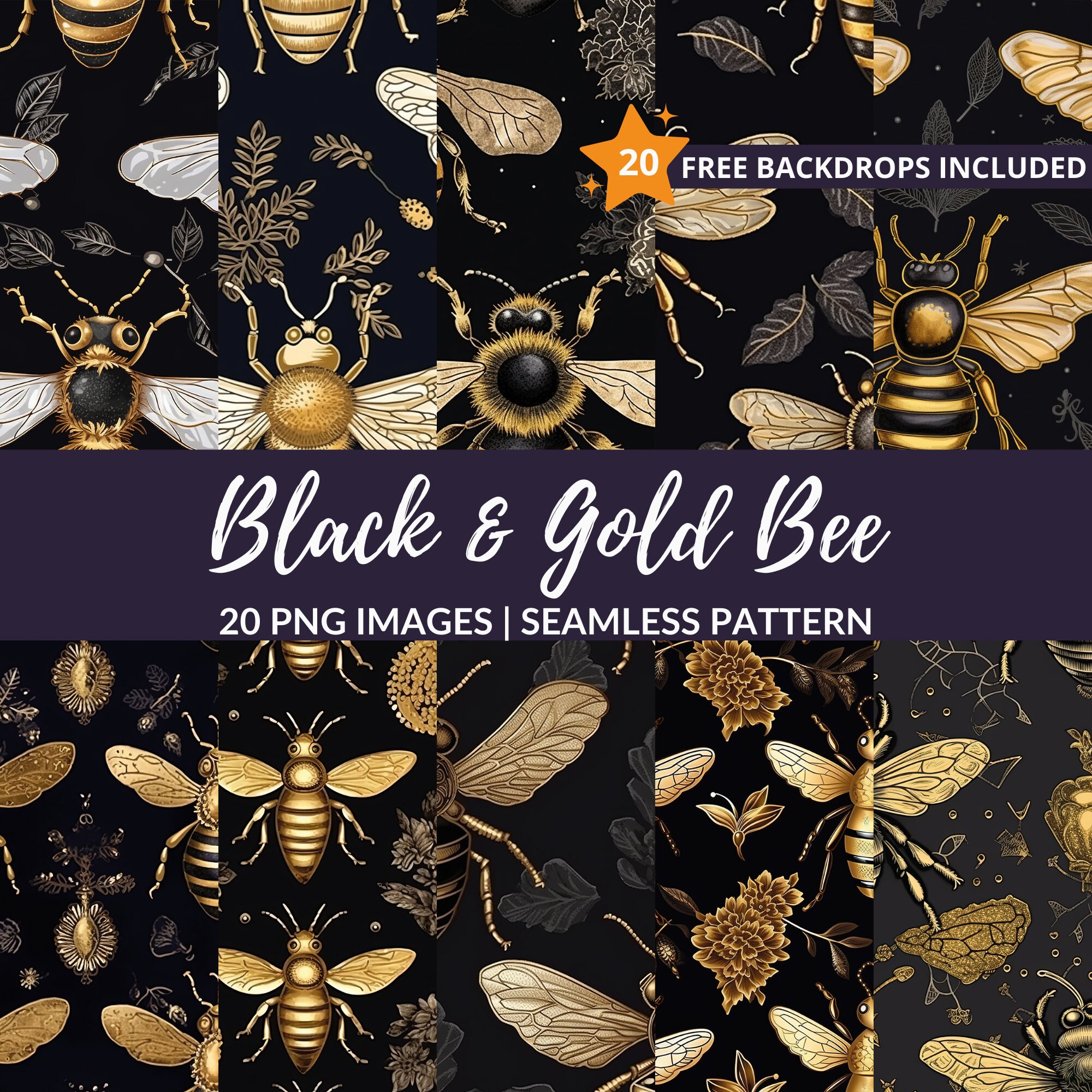 Black & Gold Bee Seamless Pattern - 20 Digital Paper for Scrapbooking ...