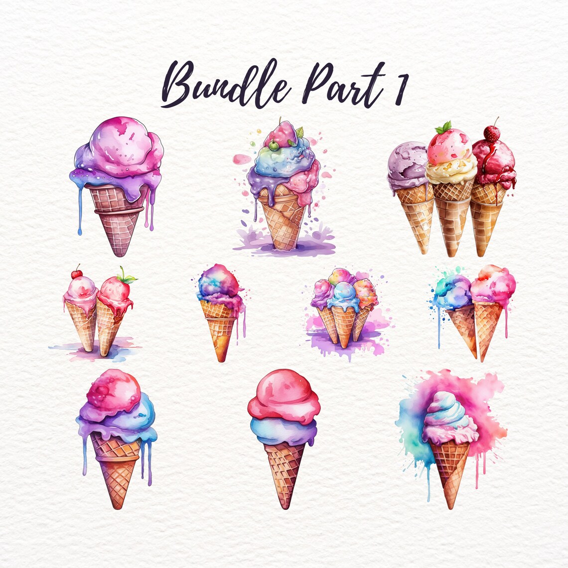 Watercolor Ice Cream Clipart Bundle 20 Summer Dessert PNG Images ...