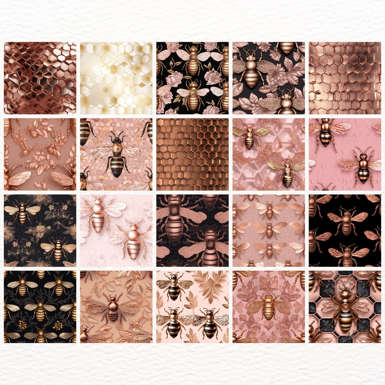Rose & Gold Bee Seamless Pattern 20 PNG Sublimation Digital Prints ...