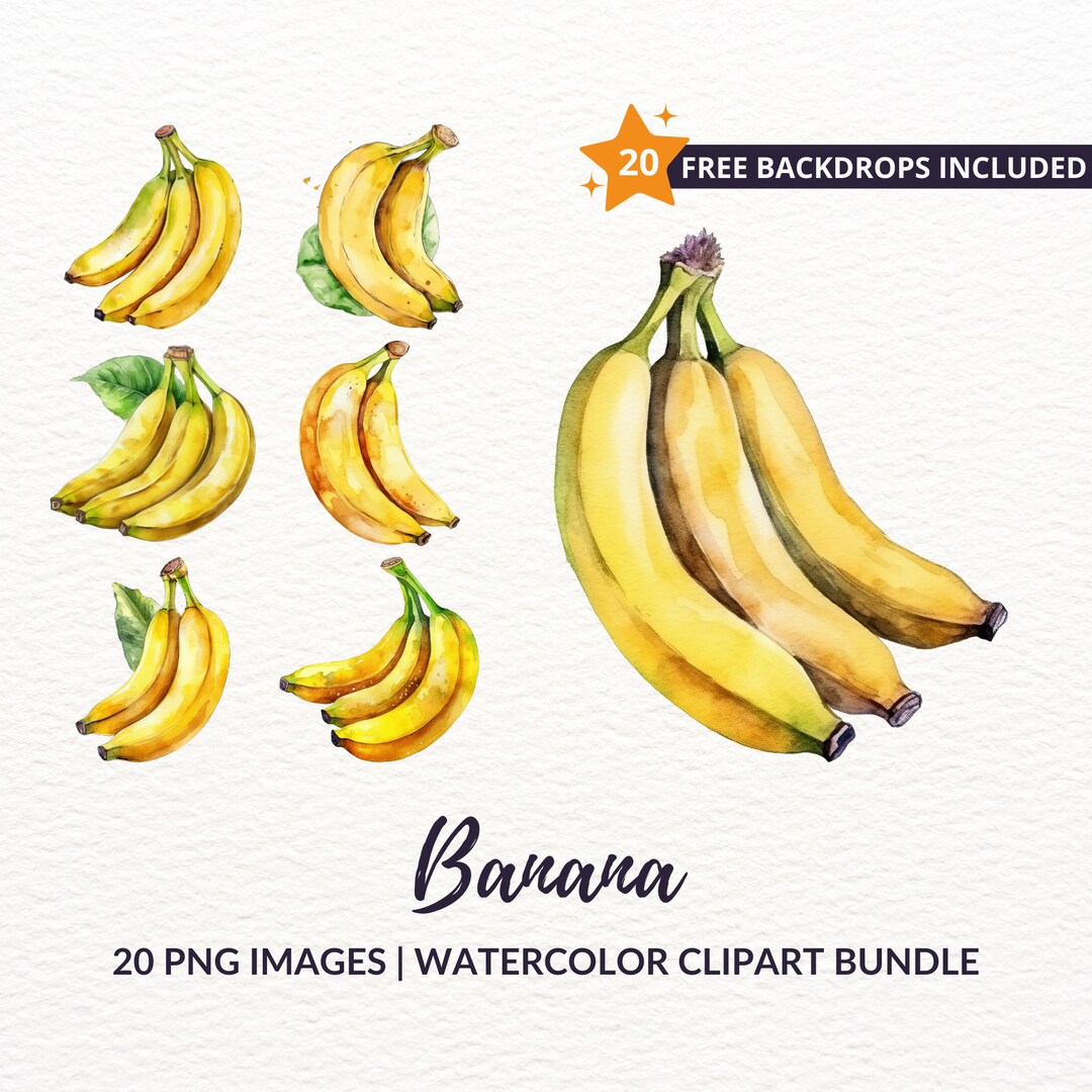 Watercolor Banana Clipart Bundle - 20 Tropical Fruit PNG Digital Clip ...