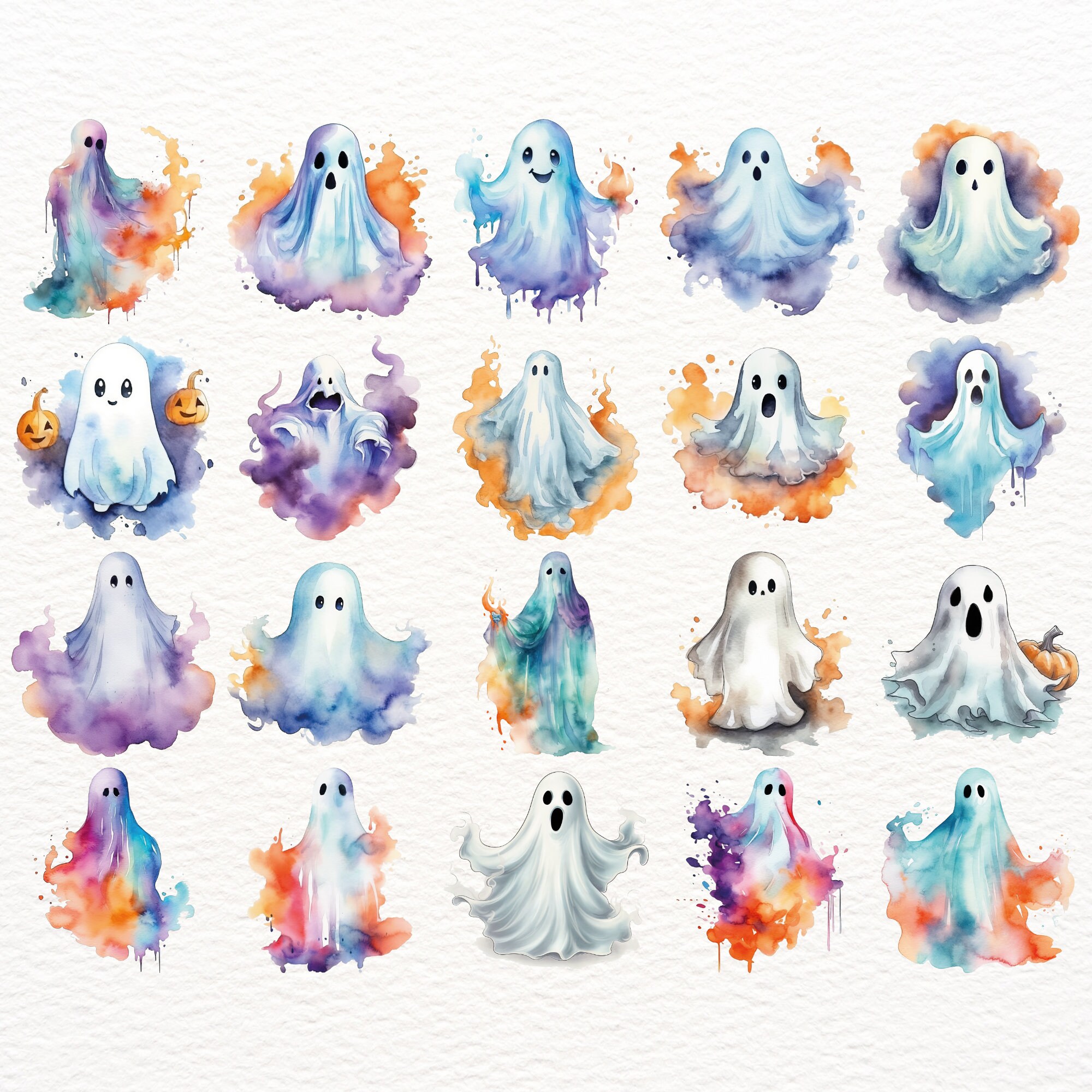 Watercolor Halloween Ghost Clipart Bundle 20 Spooky Decor Graphics ...