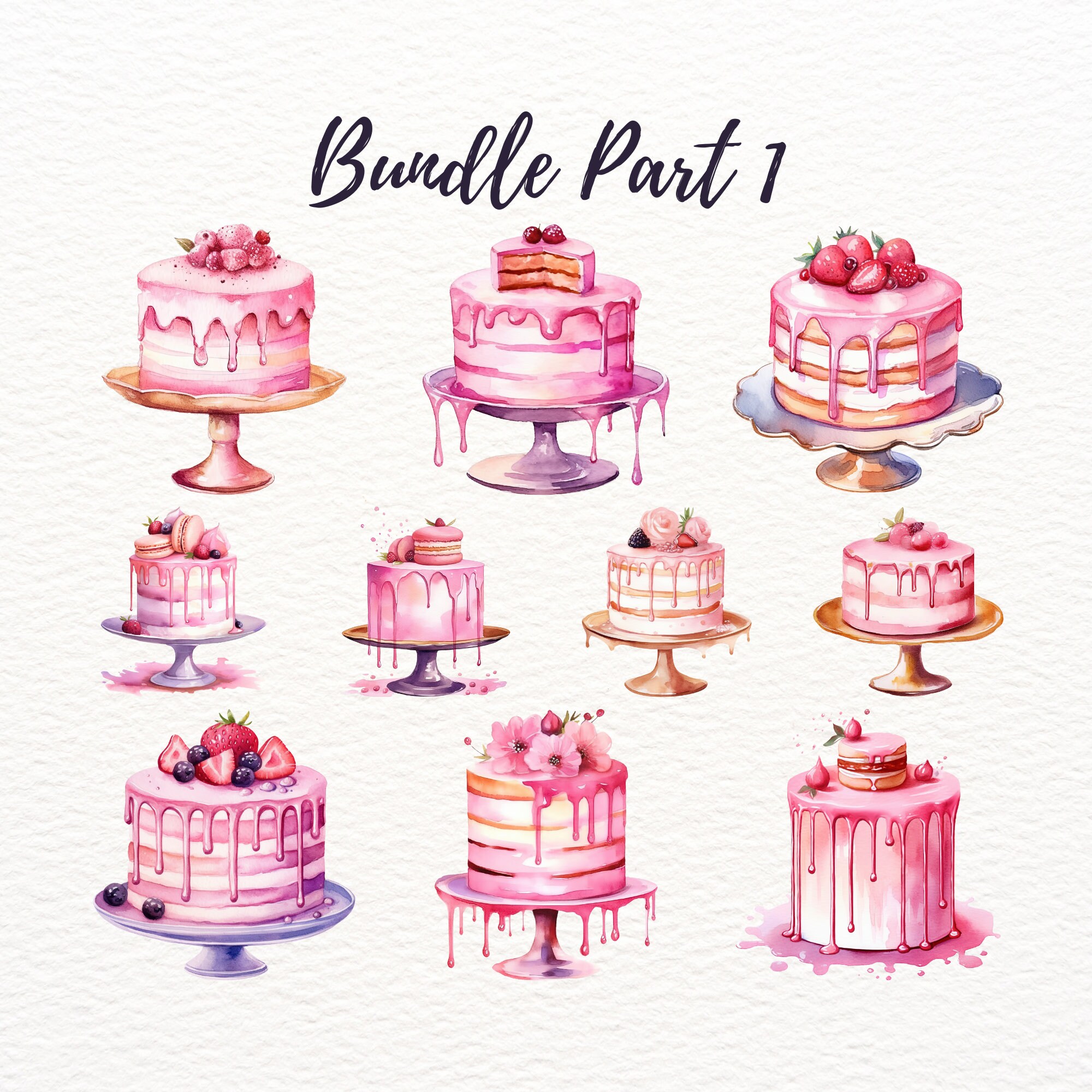 Watercolor Pink Cake Clipart Bundle - 20 Birthday Dessert PNG Graphics ...