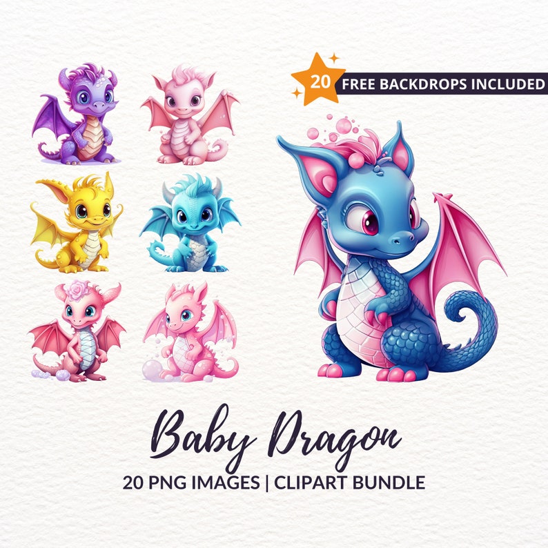 Baby Dragon Clipart Bundle - 20 Cute Fantasy Illustrations, Instant ...